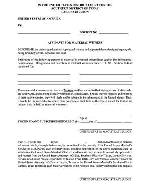 Fillable Online txs uscourts N: FORMS AFFIDAVIT FOR MATERIAL WITNESS ...