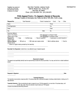 Fillable Online FOIA Appeal a Denial of Request Form - Glen Arbor Township Fax Email Print ...