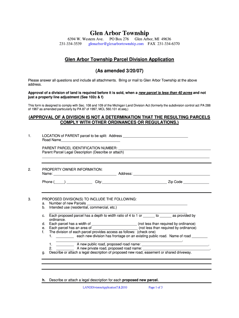 Fillable Online Land Division Application - Glen Arbor Township Fax ...