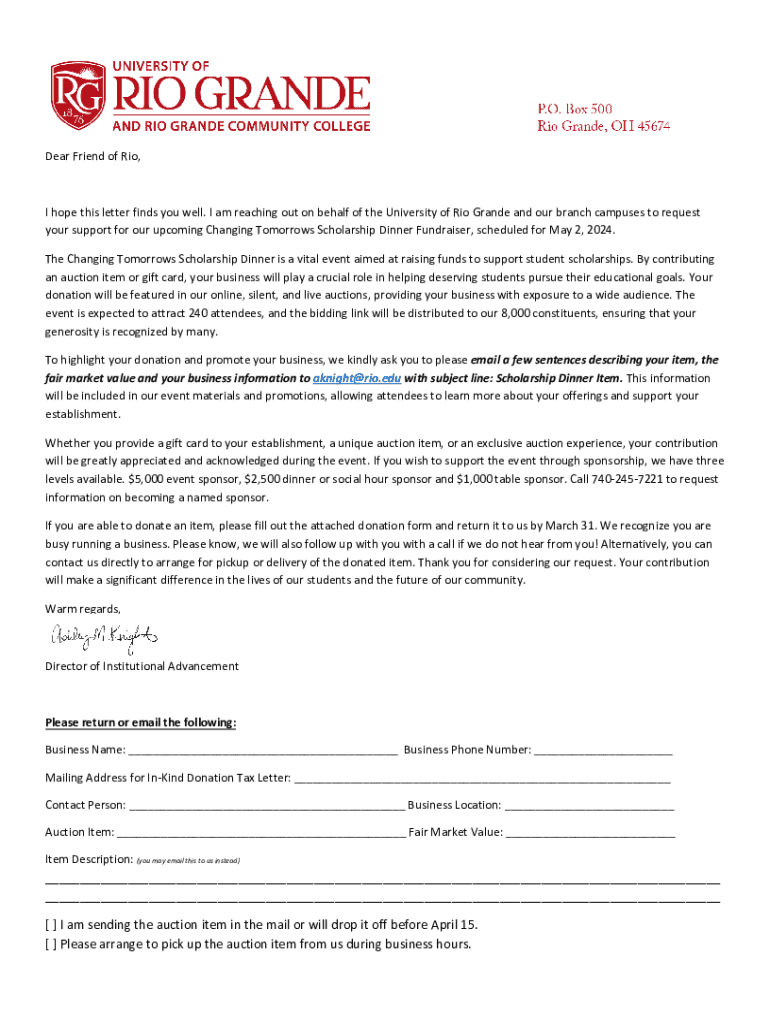 Fillable Online Donation Request for Scholarship Dinner Fax Email Print - pdfFiller