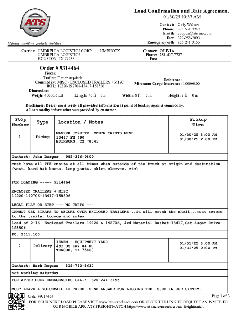 Load Confirmation and Rate Agreement - Blank Fillable Template | Fill ...