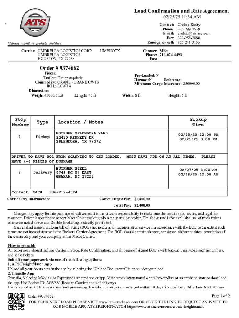 Fillable Online Load Confirmation and Rate Agreement Fax Email Print ...