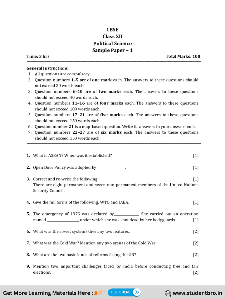 Fillable Online Cbse Class Xii Political Science Sample Paper - 1 Fax Email Print - pdfFiller