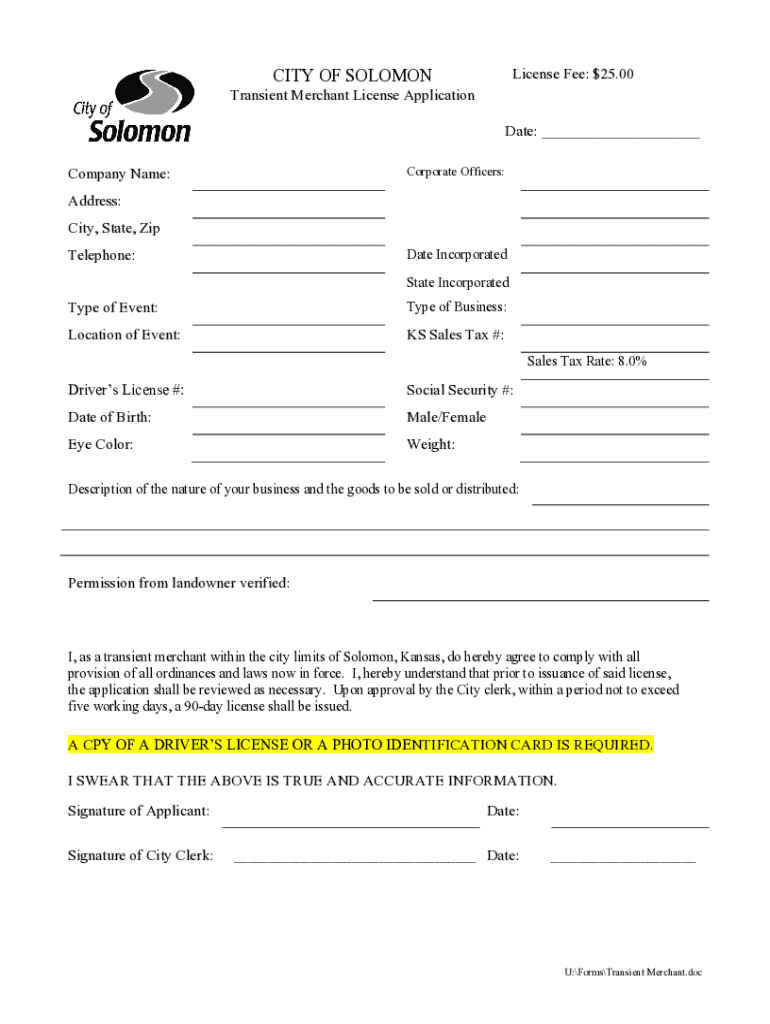 Fillable Online Transient Merchant License Application - City of ...