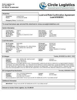 Fillable Online Load and Rate Confirmation Agreement - Circle Logistics ...