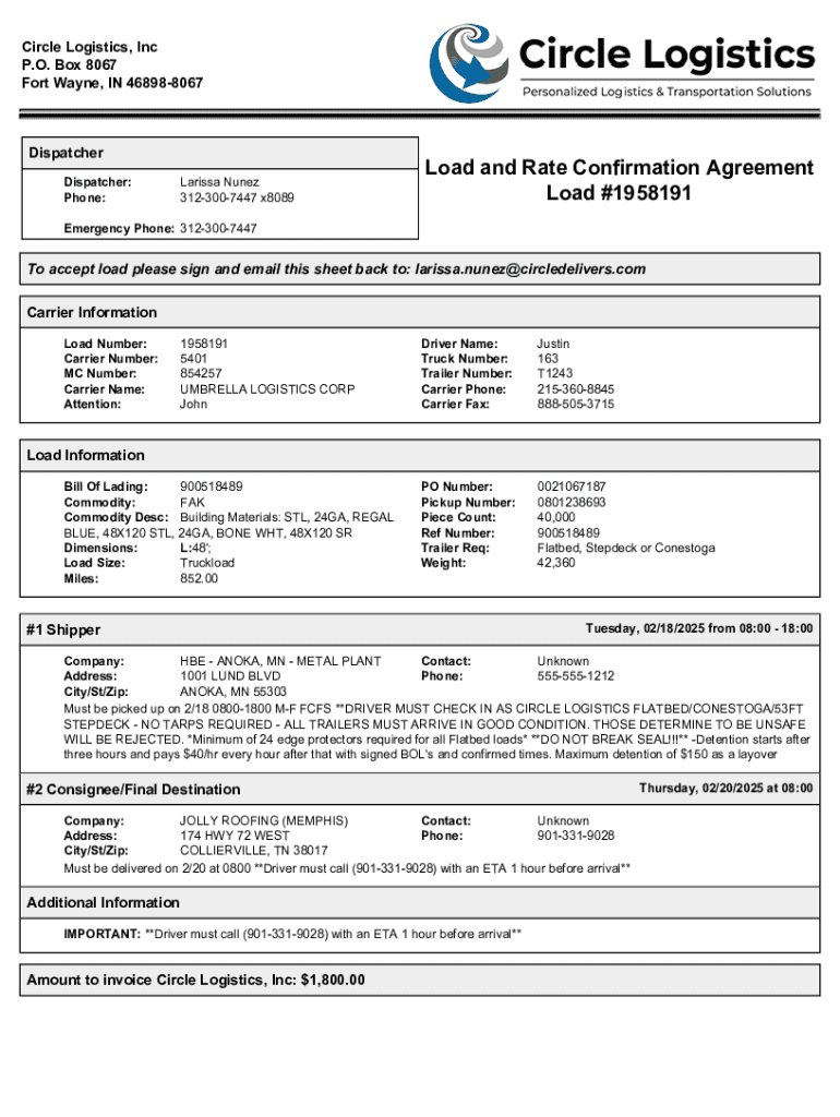 Fillable Online Load and Rate Confirmation Agreement - Circle Logistics ...