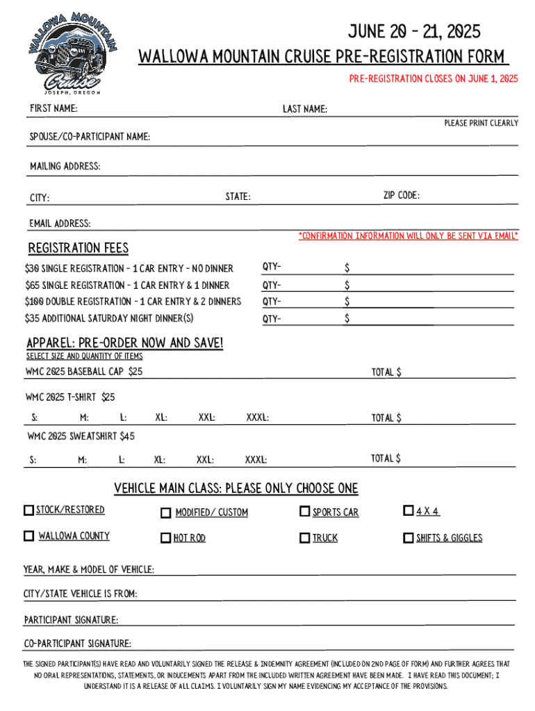 Fillable Online Wallowa Mountain Cruise Pre-registration Fax Email ...