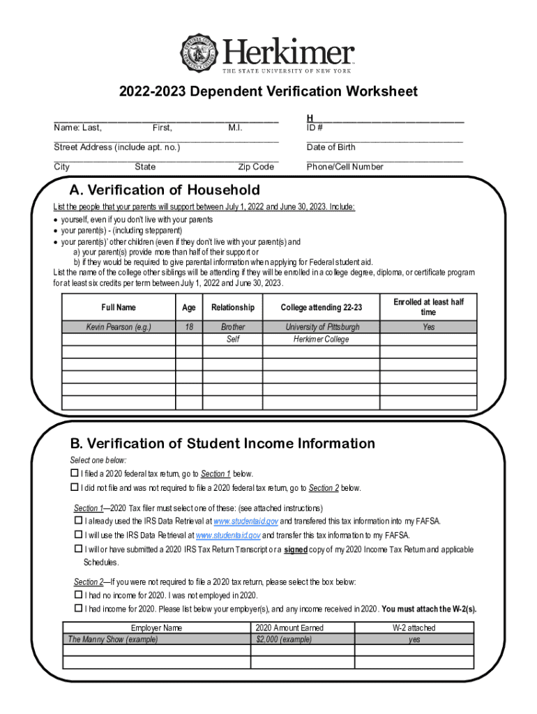 Fillable Online 2022-2023 Dependent Verification Worksheet Fax Email Print - pdfFiller