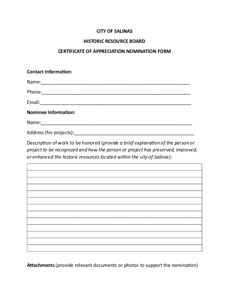 Fillable Online Certificate of Appreciation Nomination Fax Email Print - pdfFiller