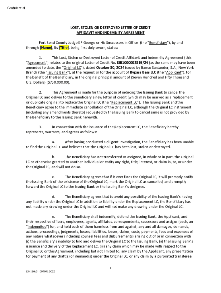 Fillable Online Affidavit and Indemnity Agreement for Lost, Stolen or Destroyed Letter of Credit ...