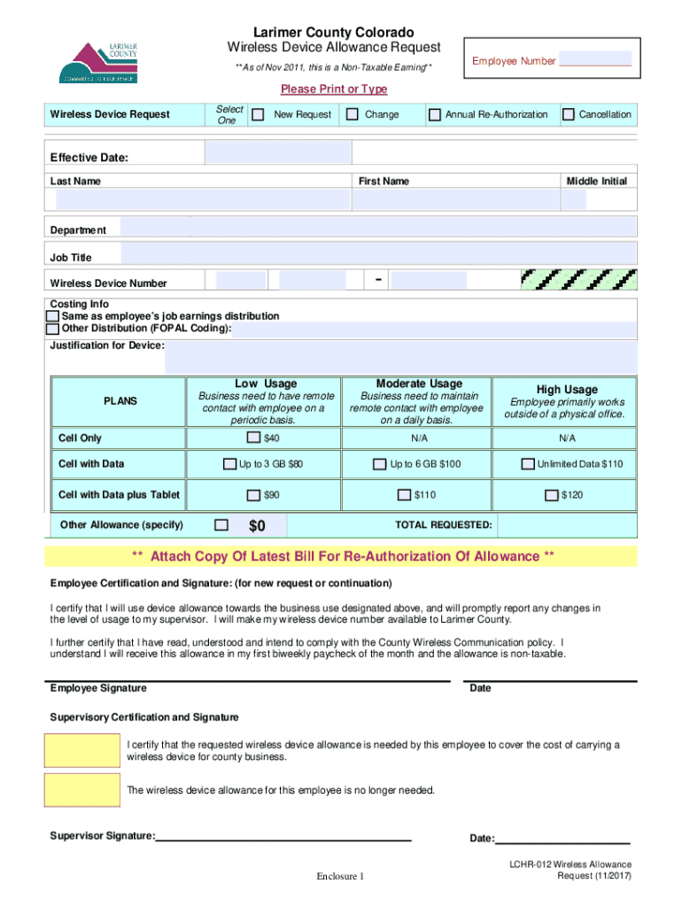 Fillable Online Larimer County Colorado Wireless Device Allowance Request Fax Email Print ...