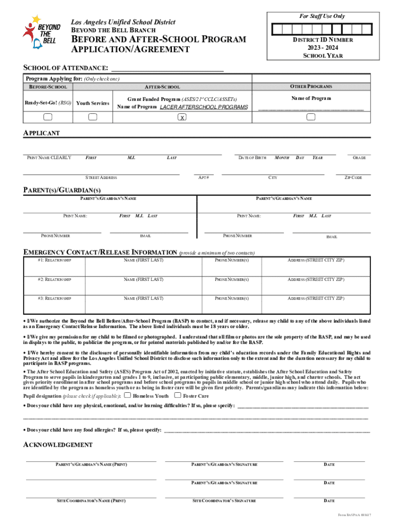 Fillable Online Los Angeles Unified School District Before and After ...
