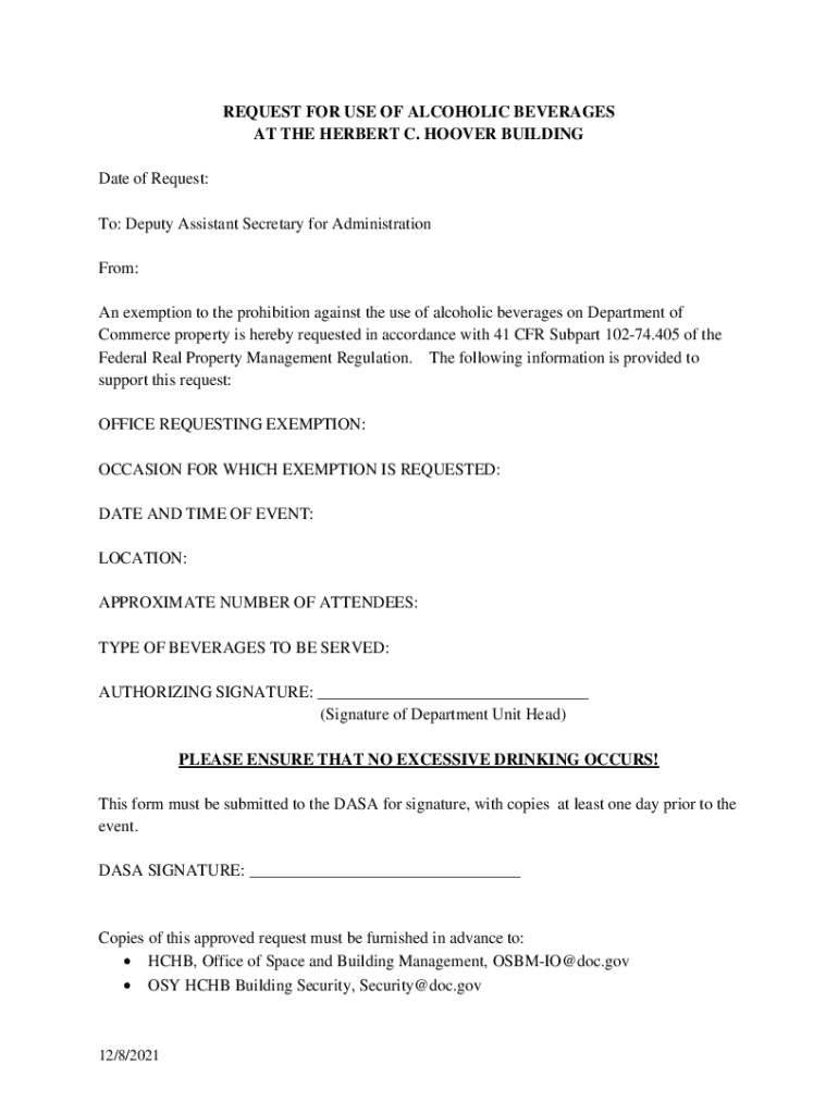 Fillable Online Request for Use of Alcoholic Beverages at the Herbert C. Hoover Building Fax ...