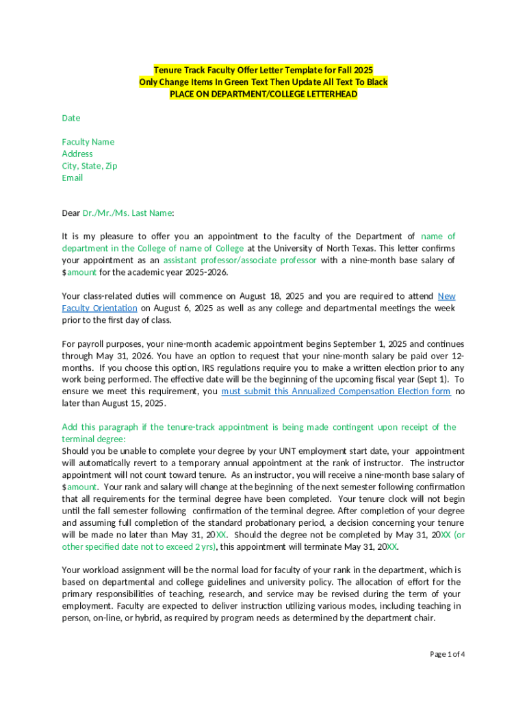 Tenure Track Faculty Offer Letter Template - vpaa unt Doc Template ...