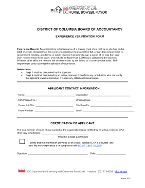 Fillable Online District of Columbia Board of Accountancy Experience ...