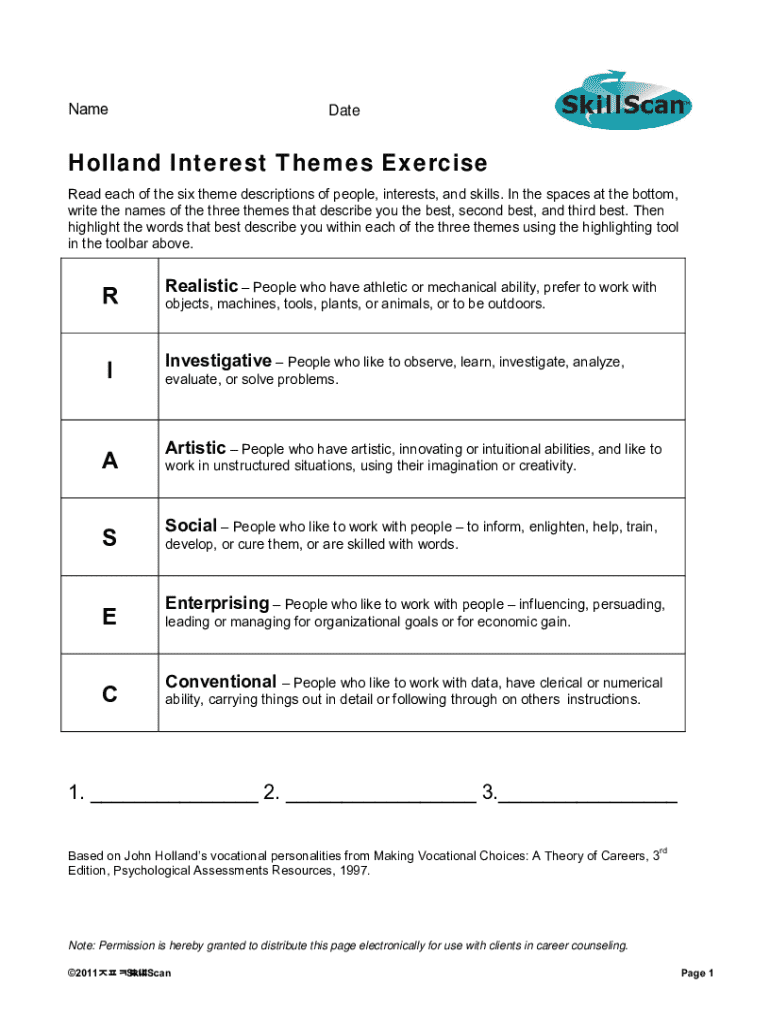 Fillable Online Holland Interest Themes Exercise Fax Email Print ...
