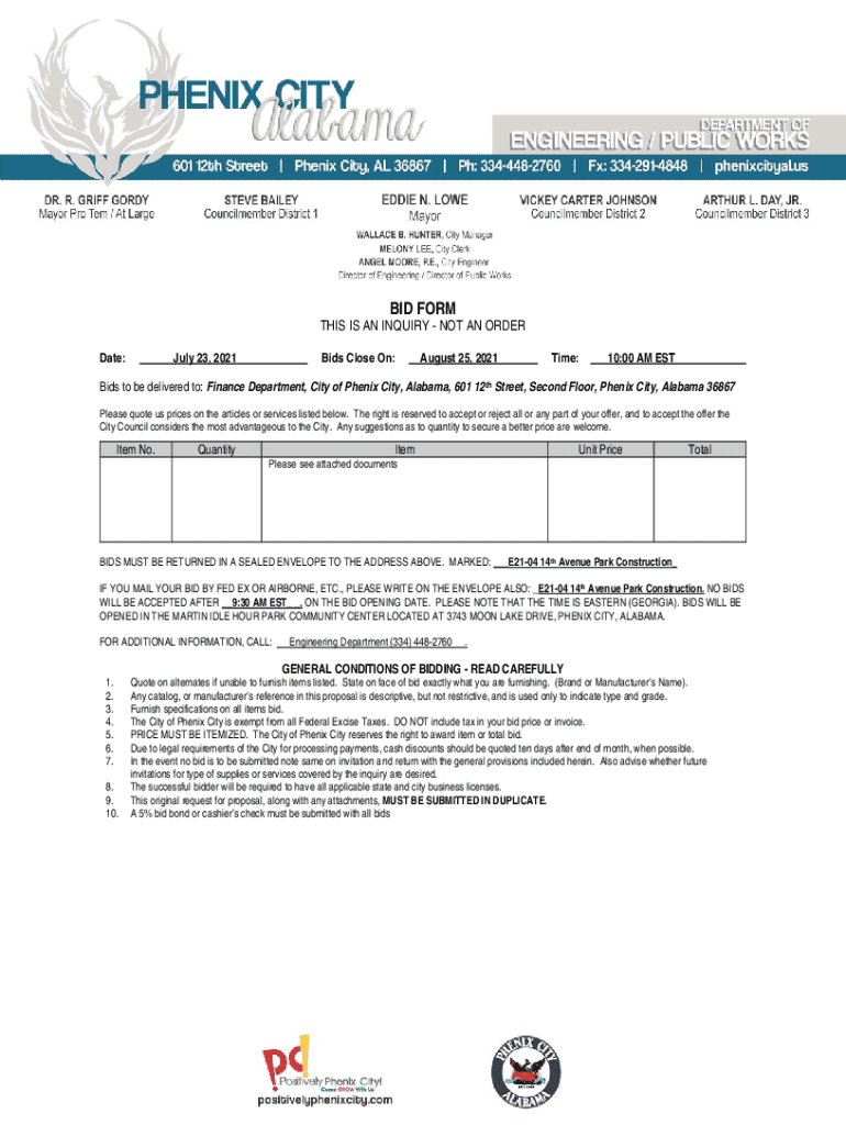 Fillable Online Public Notice Bid Number E21-04 - 14th Avenue Park ...