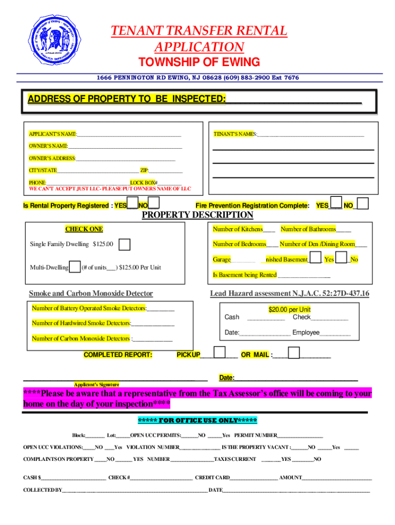 Fillable Online Township of Ewing Tenant Transfer Rental Application ...