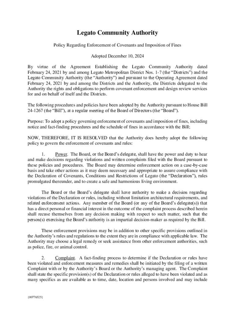 Fillable Online Policy Regarding Enforcement of Covenants and ...