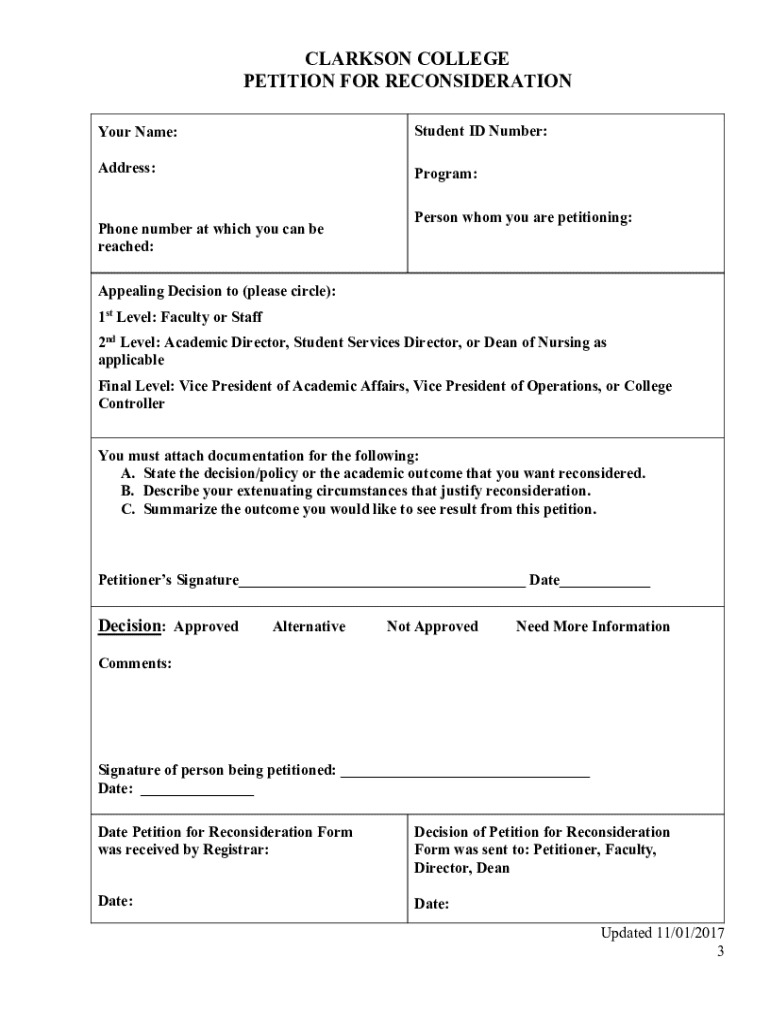 Fillable Online Clarkson College Petition for Reconsideration Fax Email Print - pdfFiller