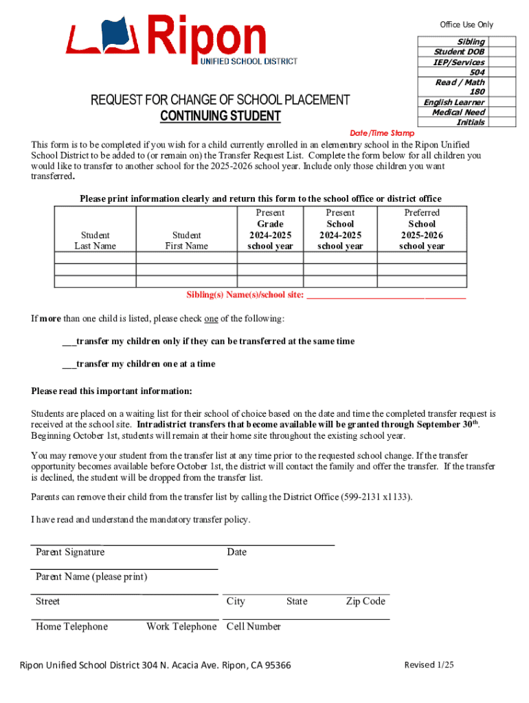 Fillable Online Request for Change of School Placement - Continuing ...