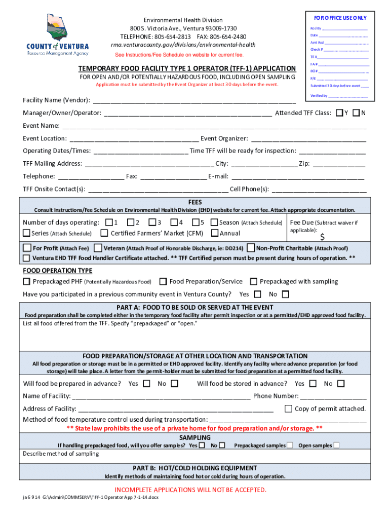 Fillable Online Temporary Food Facility Type 1 Operator (tff-1) Application Fax Email Print ...