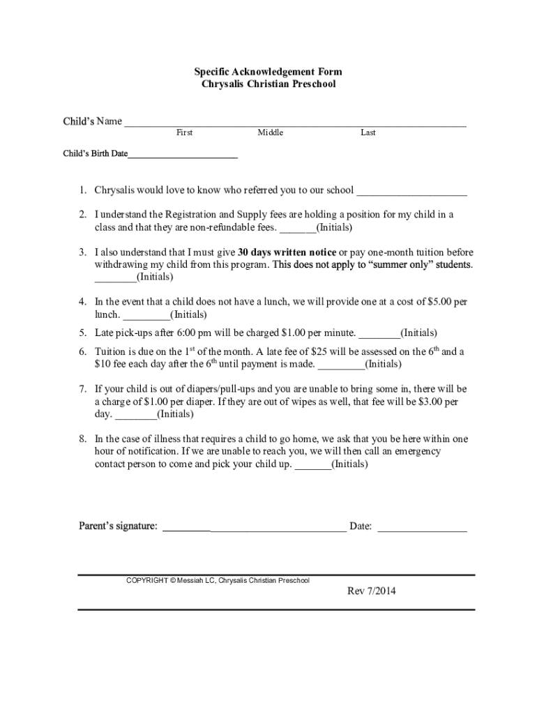Fillable Online Chrysalis Christian Preschool Acknowledgement Fax Email ...