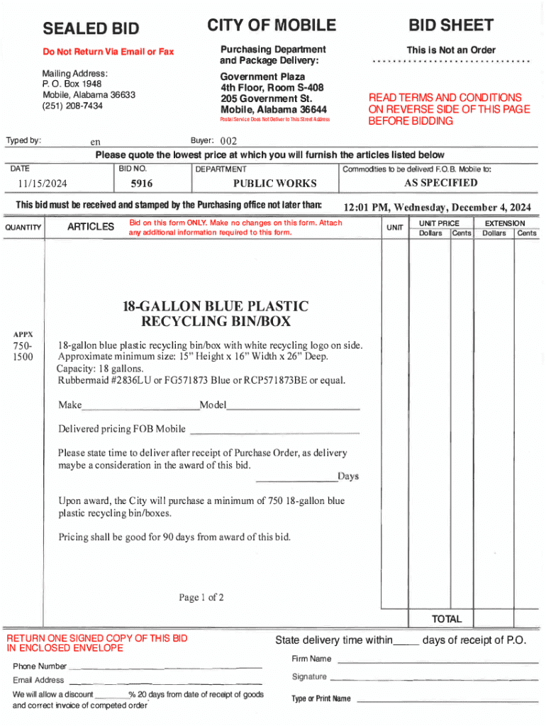 Fillable Online City of Mobile - Bid Sheet Fax Email Print - pdfFiller