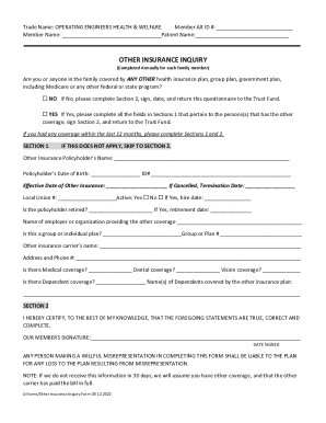 Fillable Online Operating Engineers Health & Welfare - Other Insurance ...