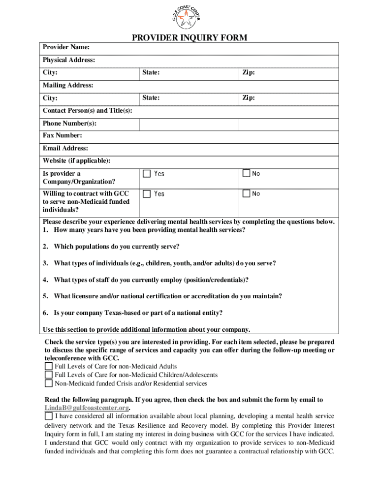 Fillable Online Provider Inquiry for Mental Health Services Fax Email Print - pdfFiller