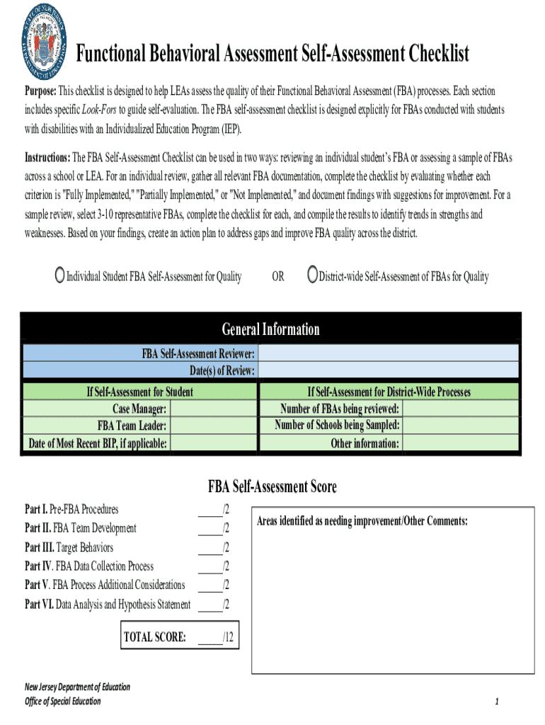 Fillable Online Functional Behavioral Assessment (fba) Self-assessment ...