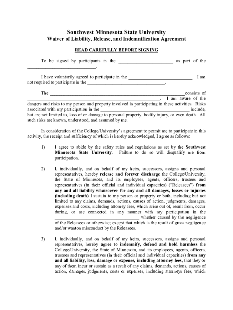 Fillable Online Waiver of Liability and Indemnification Fax Email Print - pdfFiller