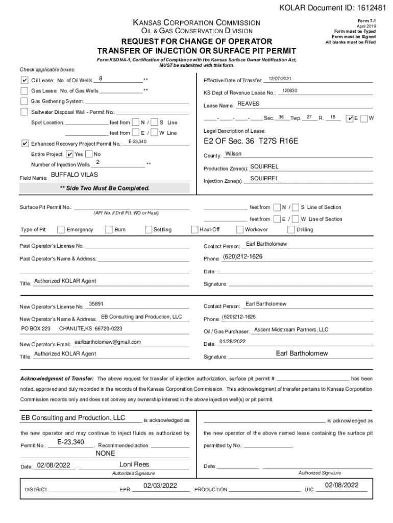 Fillable Online Request for Change of Operator Transfer of Injection or ...