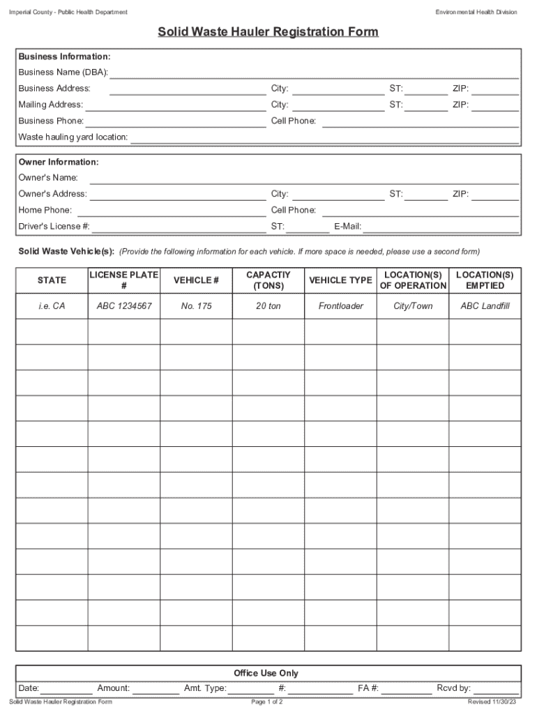 Fillable Online Solid Waste Hauler Registration Form Fax Email Print ...