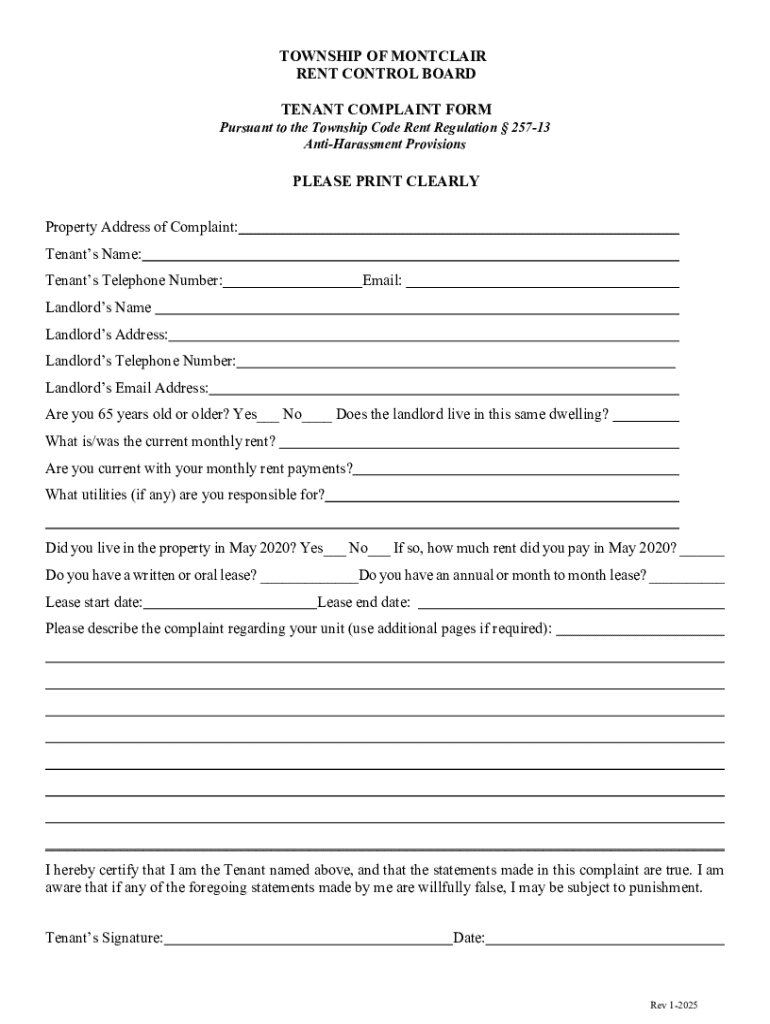 Fillable Online Tenant Complaint Form - Rent Control Board Fax Email ...