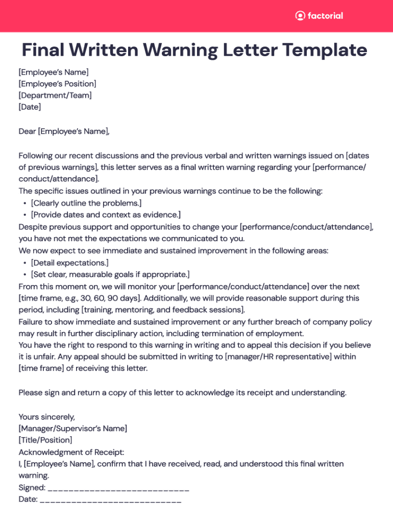 Fillable Online Final Written Warning Letter Fax Email Print - pdfFiller