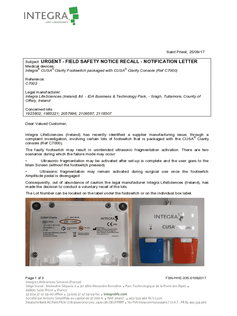 Fillable Online Urgent - Field Safety Notice Recall - Notification ...