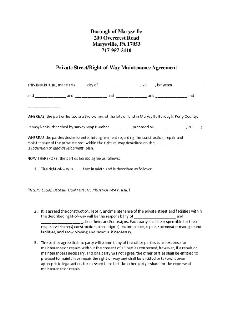 Fillable Online Private Street/right-of-way Maintenance Agreement Fax ...