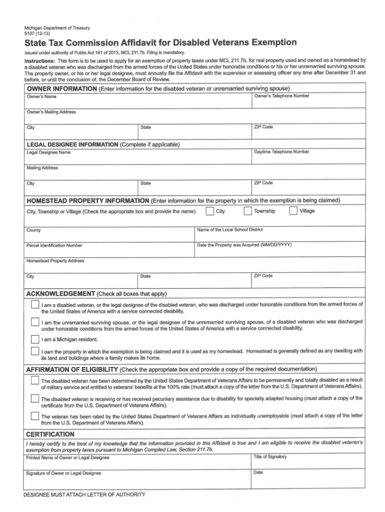 Fillable Online Affidavit for Disabled Veterans Exemption Fax Email Print - pdfFiller