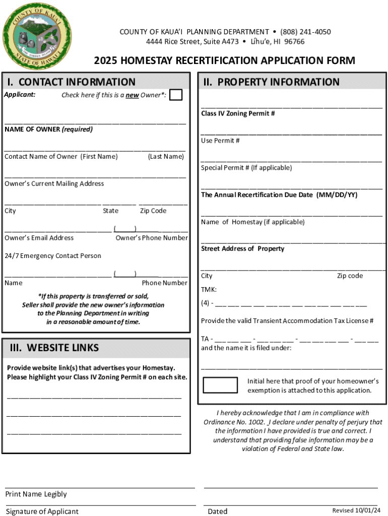 Fillable Online 2025 Class Iv Zoning Permit Homestay Recertification ...