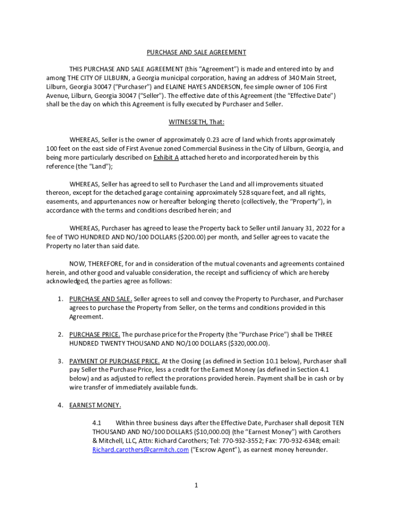 Fillable Online Purchase and Sale Agreement Between the City of Lilburn and Elaine Hayes ...