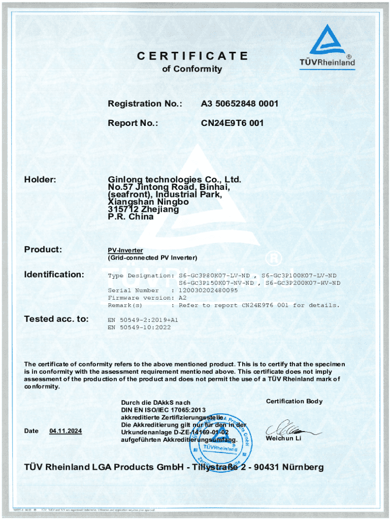 Fillable Online Certificate of Conformity for Pv Inverter Fax Email ...