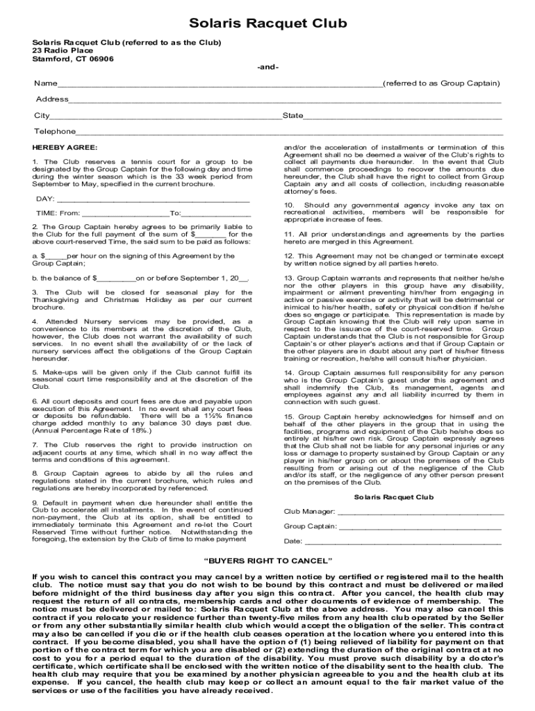 Fillable Online Tennis Court Reservation Agreement Fax Email Print ...