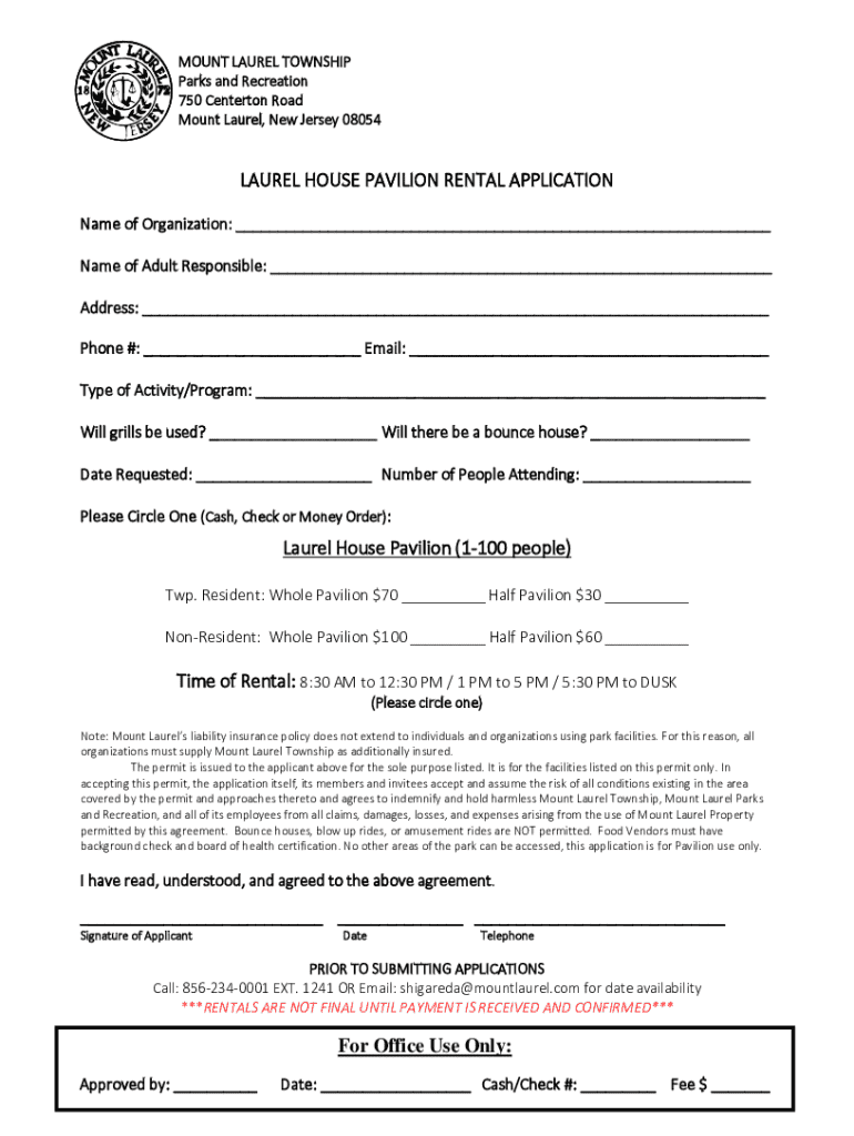 Fillable Online Laurel House Pavilion Rental Application Fax Email ...