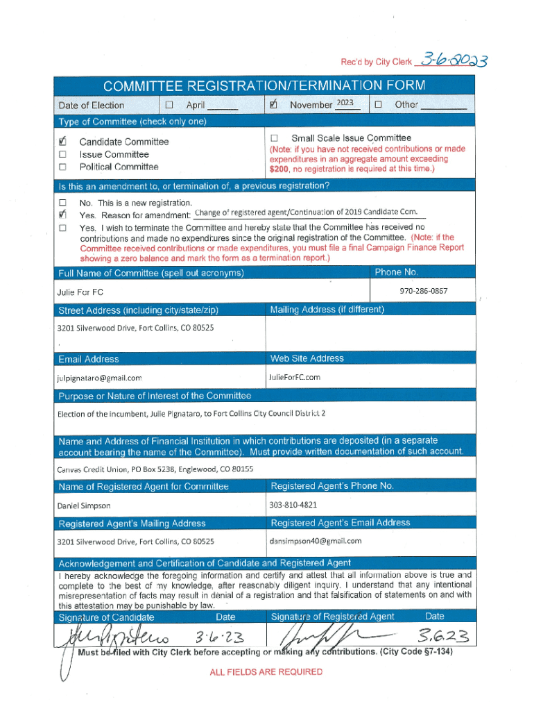 Fillable Online Committee Registration/t Termination Form Fax Email ...