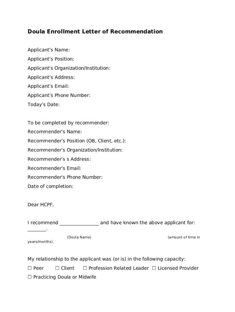 Doula Enrollment Letter of Recommendation Doc Template | pdfFiller