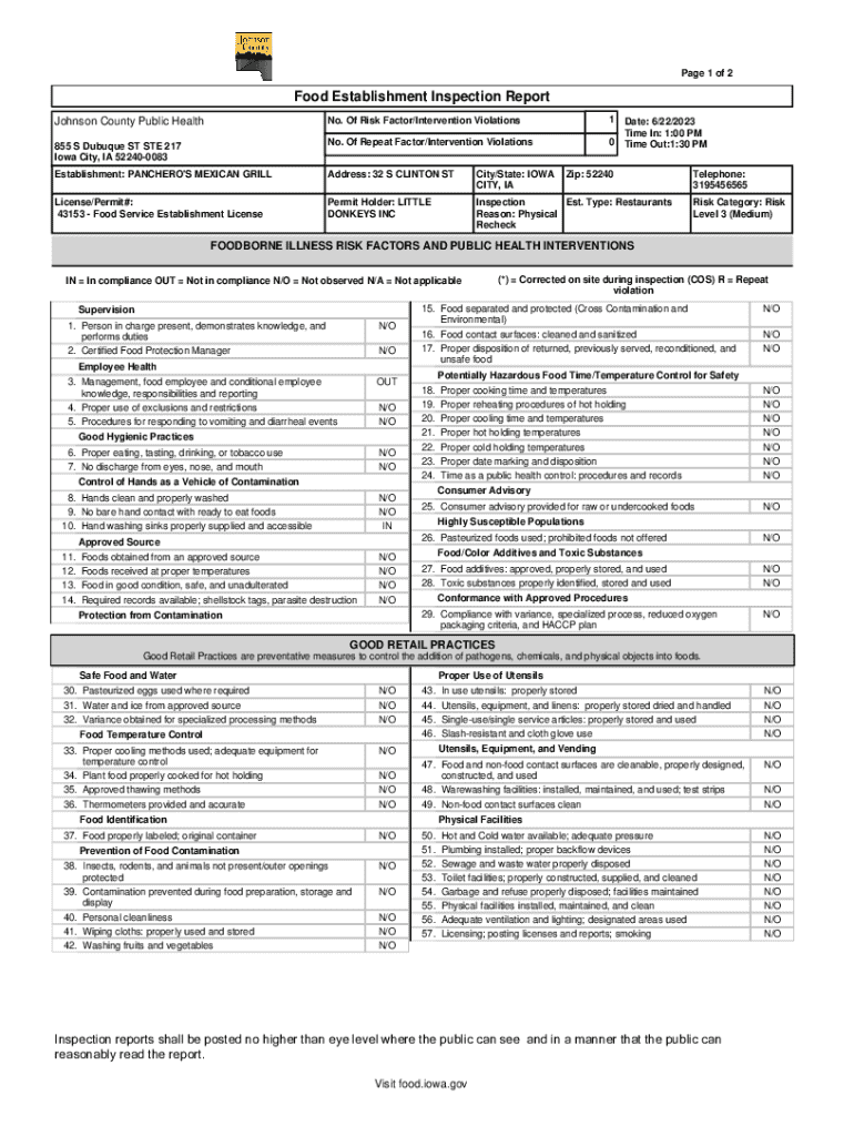 Fillable Online Food Establishment Inspection Report - Panchero's ...