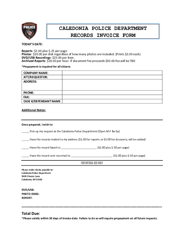 Fillable Online Caledonia Police Department Records Invoice Fax Email ...
