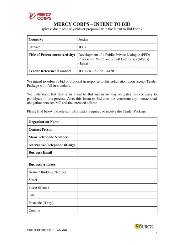 Fillable Online Mercy Corps – Intent to Bid Fax Email Print - pdfFiller