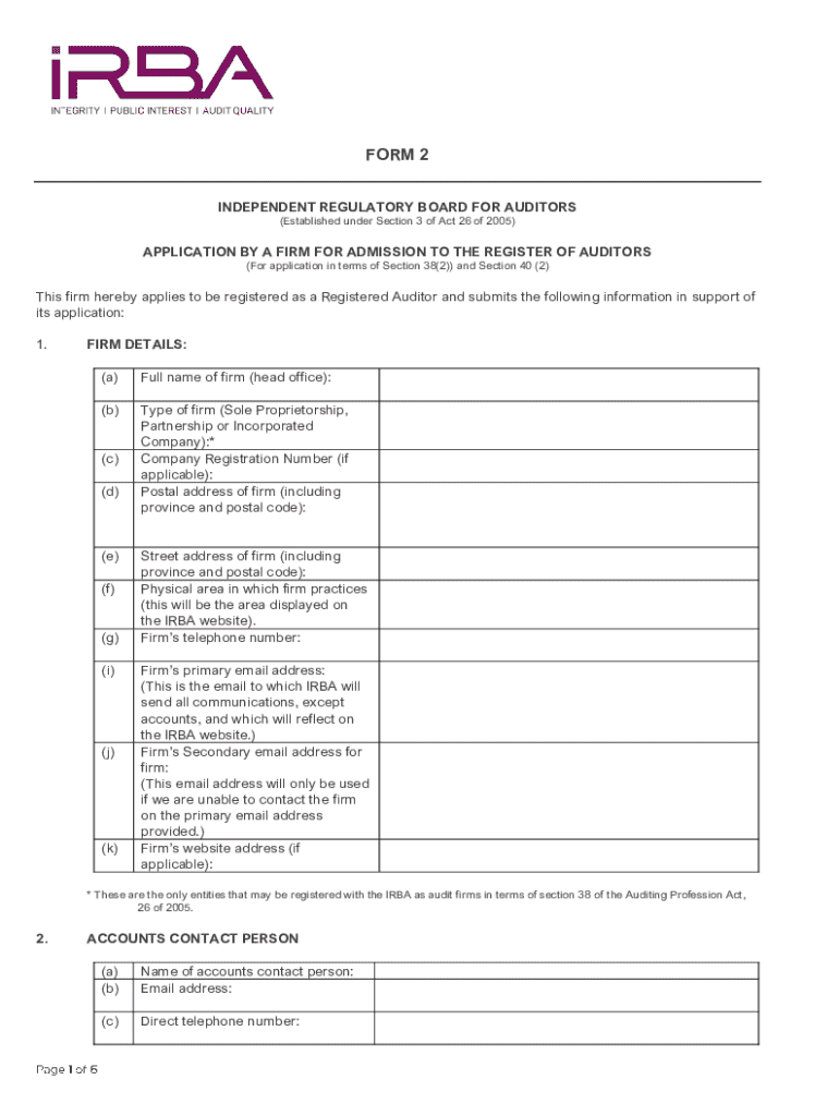 Fillable Online Application by a Firm for Admission to the Register of ...